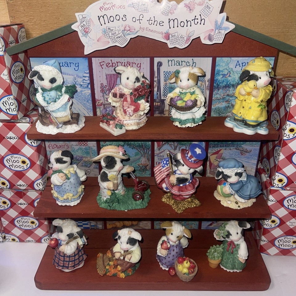 Mary’s Moo Moos Wooden Shadow Box Display W/ Complete 12 Month Figures ...