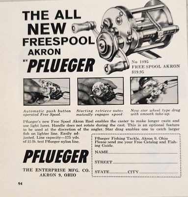 1962 Print Ad Pflueger Freespool Akron Fishing Reels Enterprise Akron ...