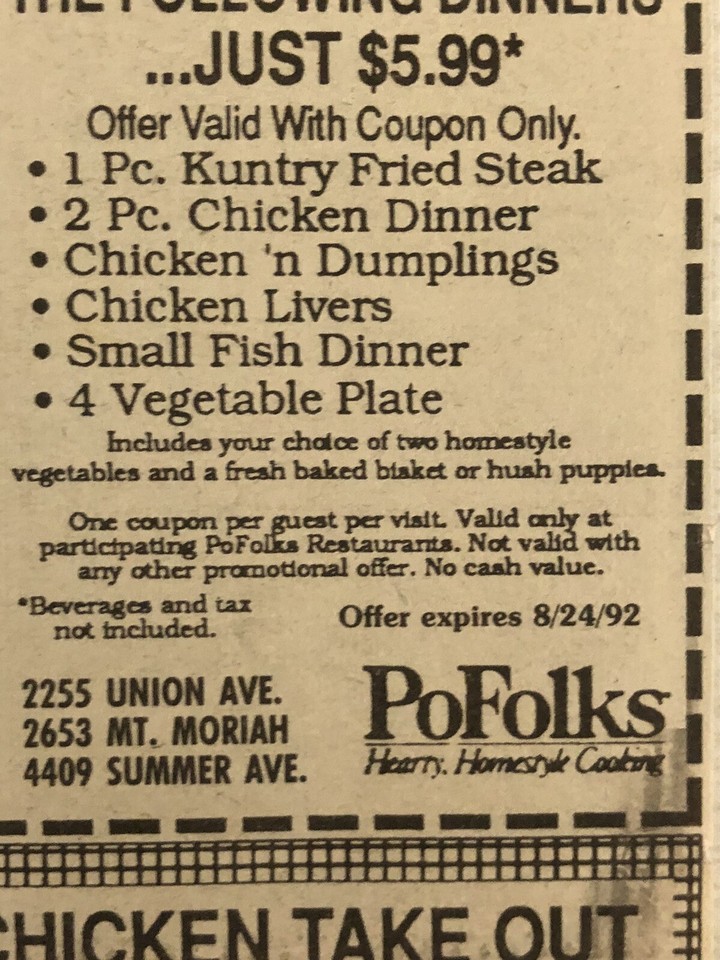 1992 Po Folks Restaurant Vintage Print Ad Advertisement Memphis pa1 | eBay