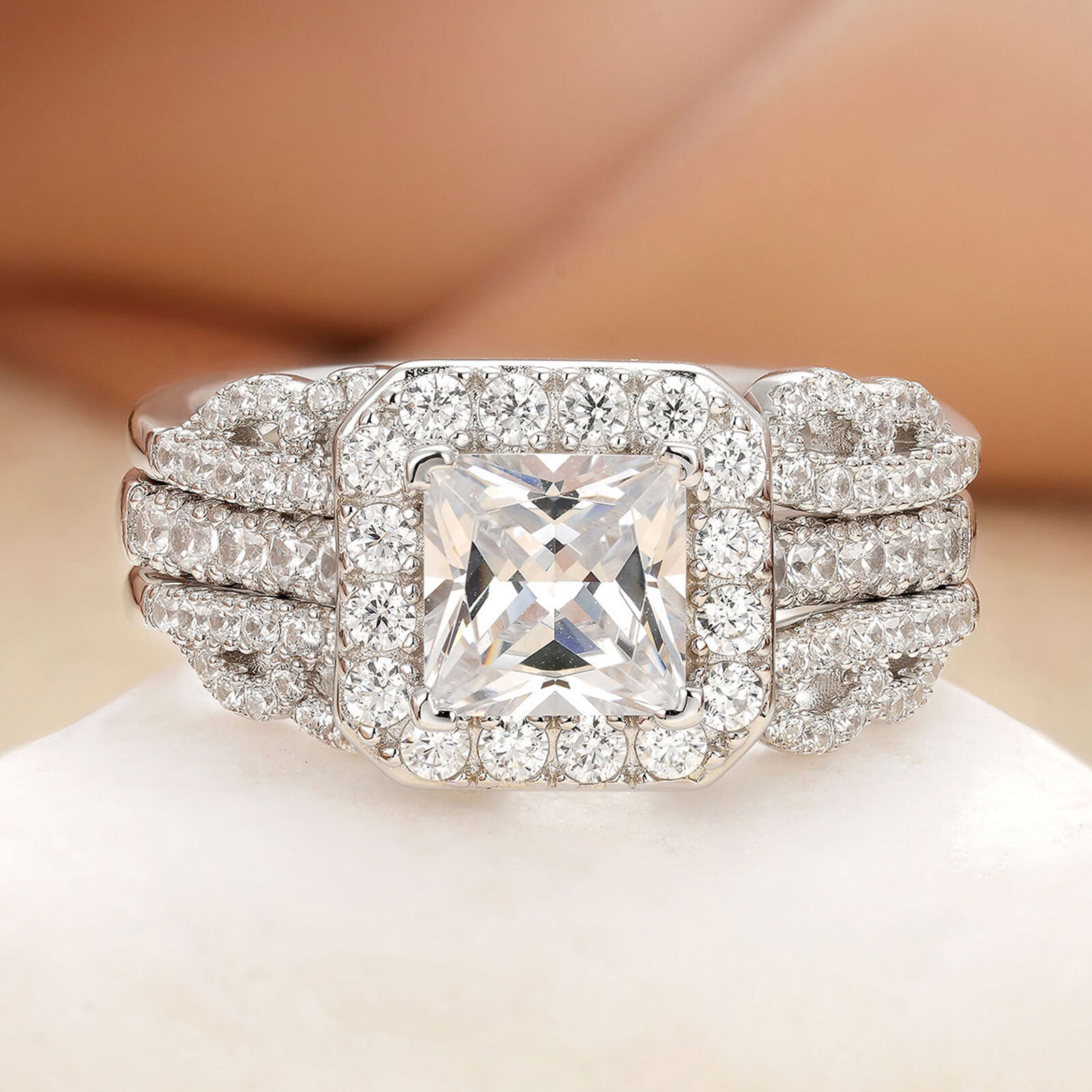 Womens 3CT Engagement Ring Wedding Ring Set Cubic Zircon 925 Sterling ...