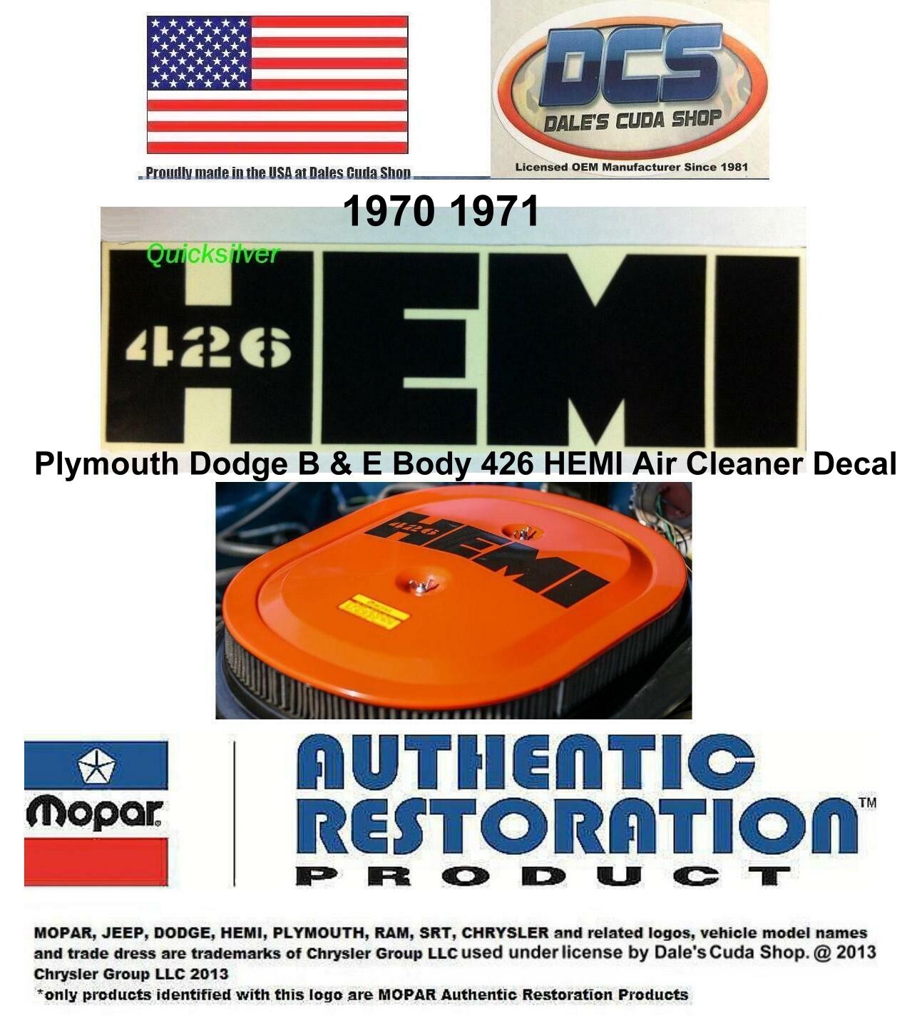 1970 1971 Plymouth Dodge B & E Body 426 HEMI Air Cleaner Decal NEW ...
