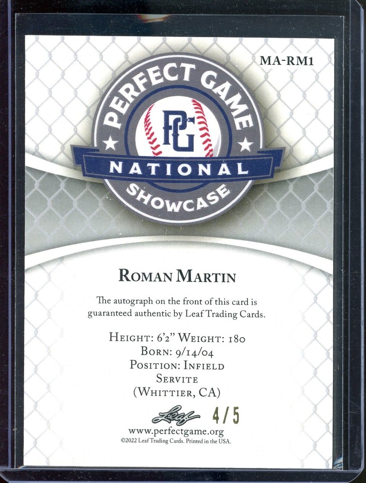 2022 Leaf Perfect Game #MA-RM1 Roman Martin Metal Black Auto #4/5 UCLA ...