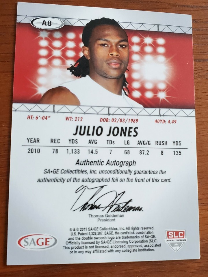 JULIO JONES ROOKIE AUTOGRAPH CARD ATLANTA FALCONS? 2011 Sage HIT Silver ...