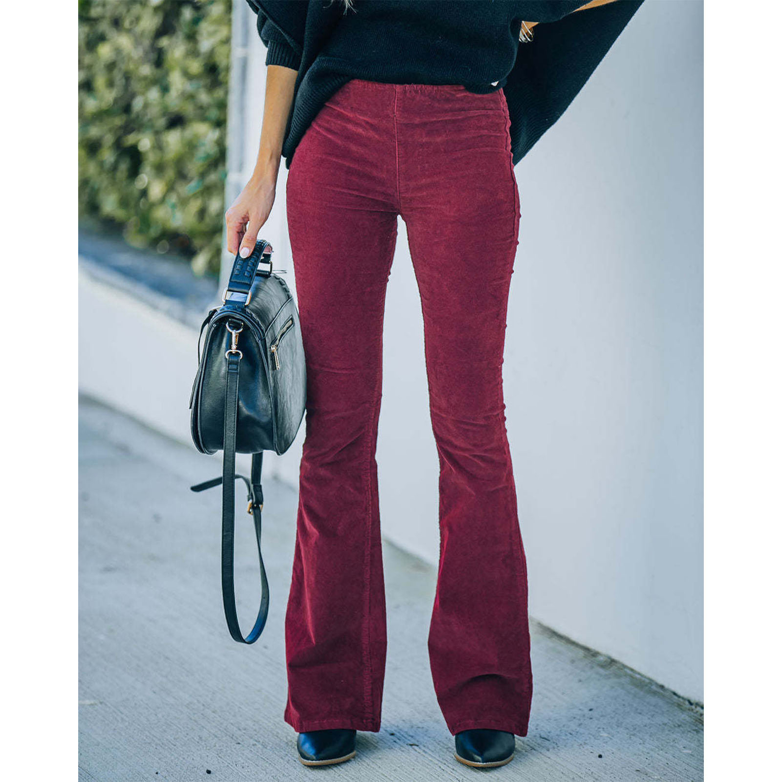 Flared Trousers High Waist 2 Pockets Fit Pants For Fall Winter(Wine Red ...
