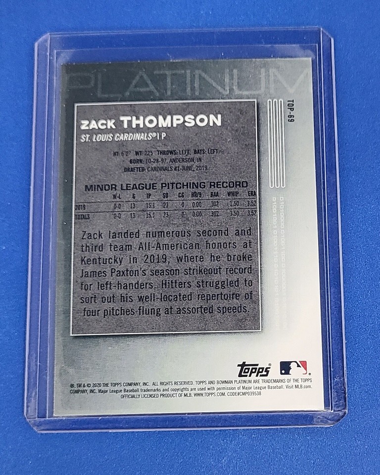 2020 Bowman Platinum Top Prospects #TOP-69 Zack Thompson Baseball Card ...