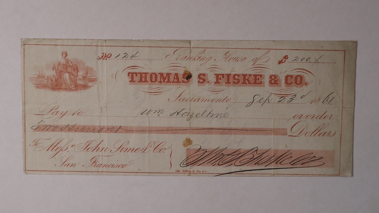 1861 Sacramento CA Thomas S Fiske John Sime Signed WM Hazeltine Banker ...