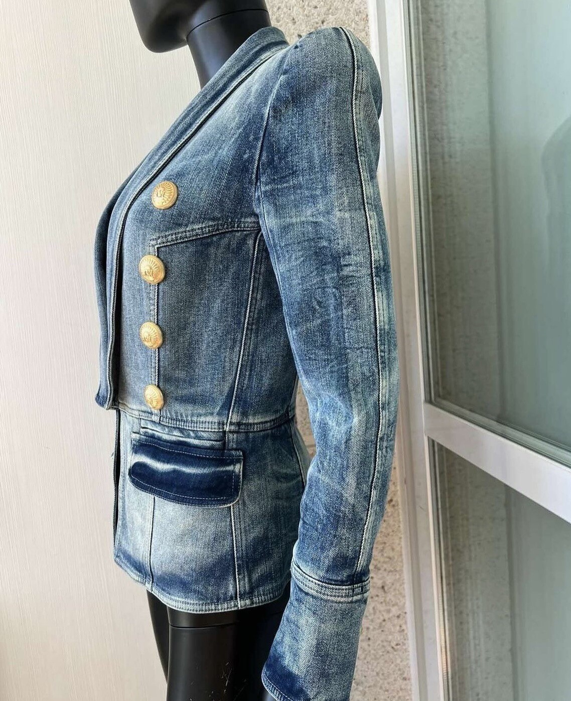 Stunning Authentic Balmain Washed Blue Denim Gold Buttons Jacket Blazer ...