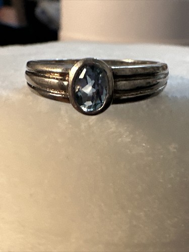 VINTAGE DESIGNER FAS 925 OVAL BLUE TOPAZ RIBBED BAND STERLING SILVER ...