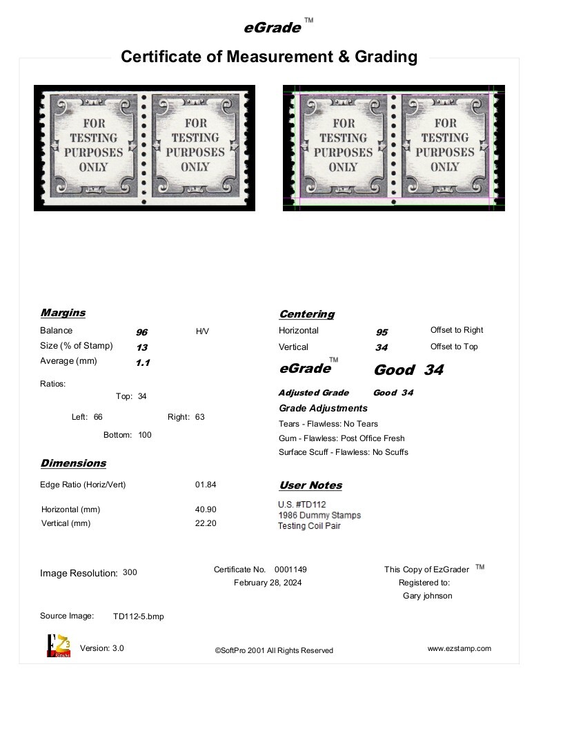 US Stamp #TD112 - 1986 Dummy Stamps, Testing Coil Pair, EzGrade™ G ...