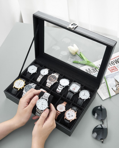 Watch Box with 12 Slots, Watch Case with Glass Lid, Watch Holder with ...