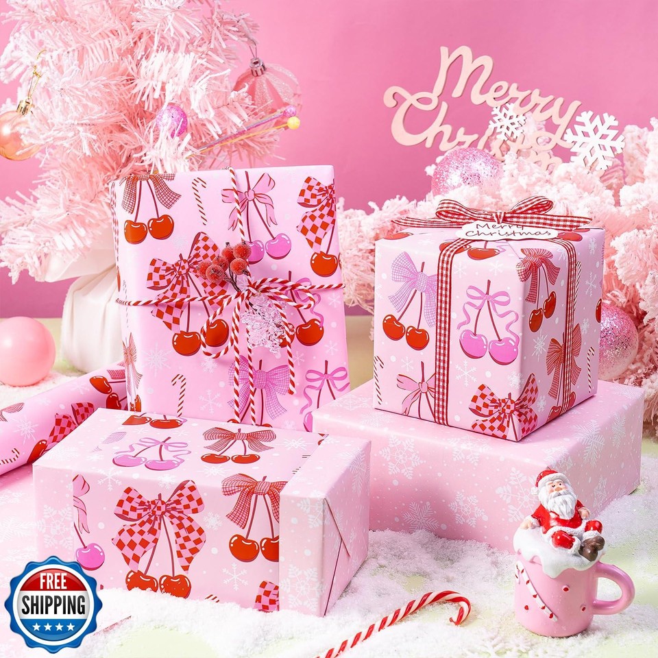 RUSPEPA Reversible Christmas Bow Wrapping Paper Roll, Mini Roll, Pink ...