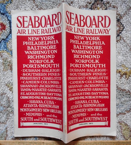 1912 SEABOARD Air Line Railway Train Schedule w/ Map Brochure ~ East ...