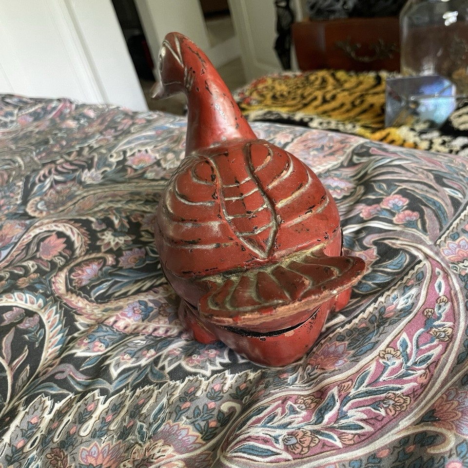 Vintage Chinese Lacquered Red Hand Carved Wooden Duck Trinket Box Folk ...