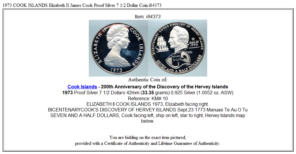 1973 COOK ISLANDS Elizabeth II James Cook Proof Silver 7 1/2 Dollar ...