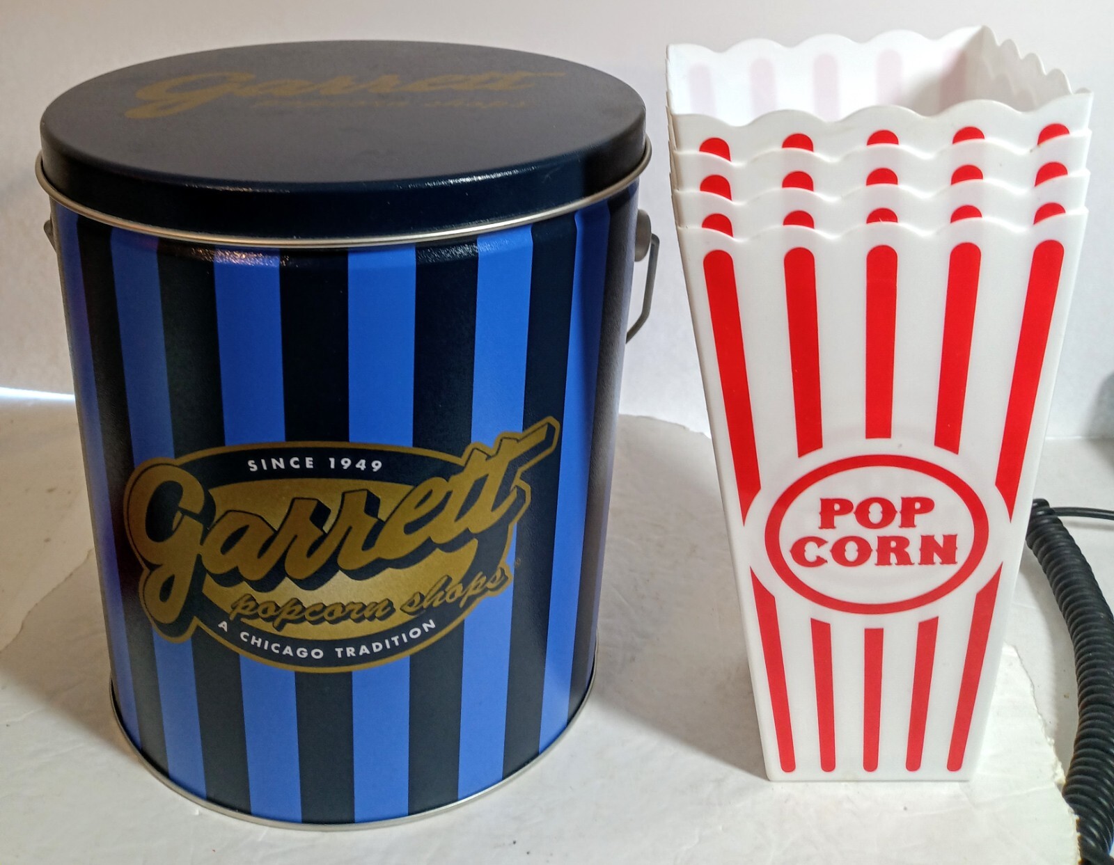 Garrett Empty Popcorn Stripe 7" Height Tin Can Blue Souvenir with 4 ...