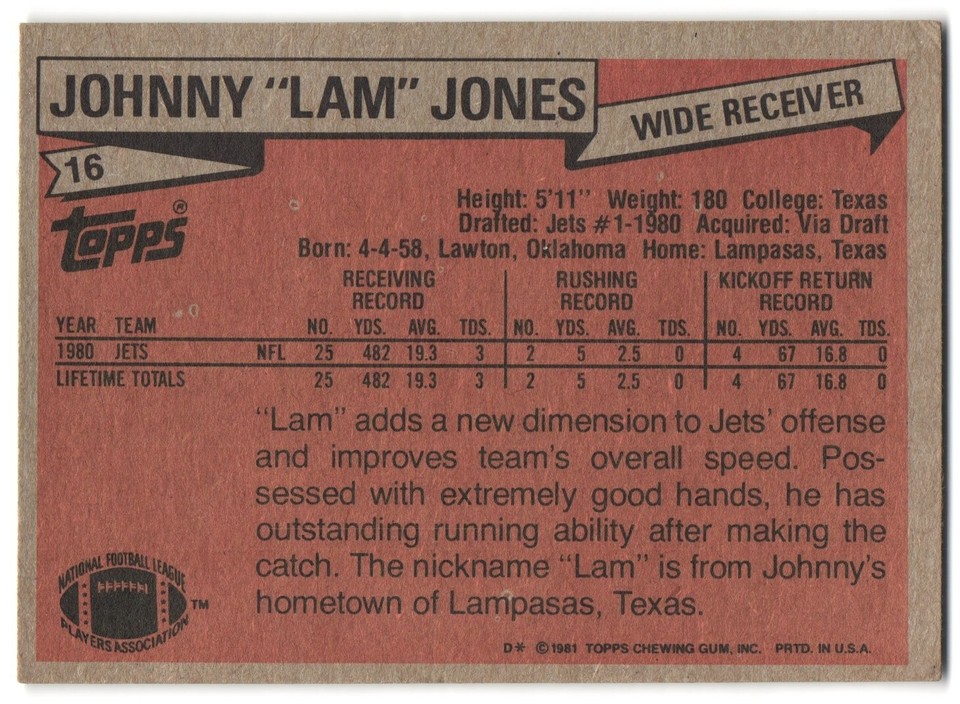 Johnny "Lee" Jones 1981 Topps NFL Card # 16 | eBay