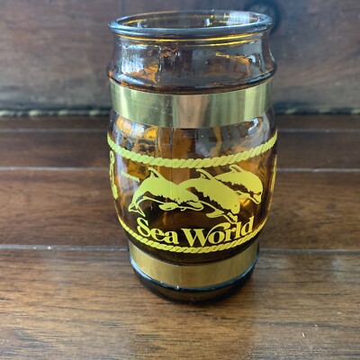Vintage 1980 Seaworld Cup Mug Amber Glass Wooden Handle Shamu | eBay