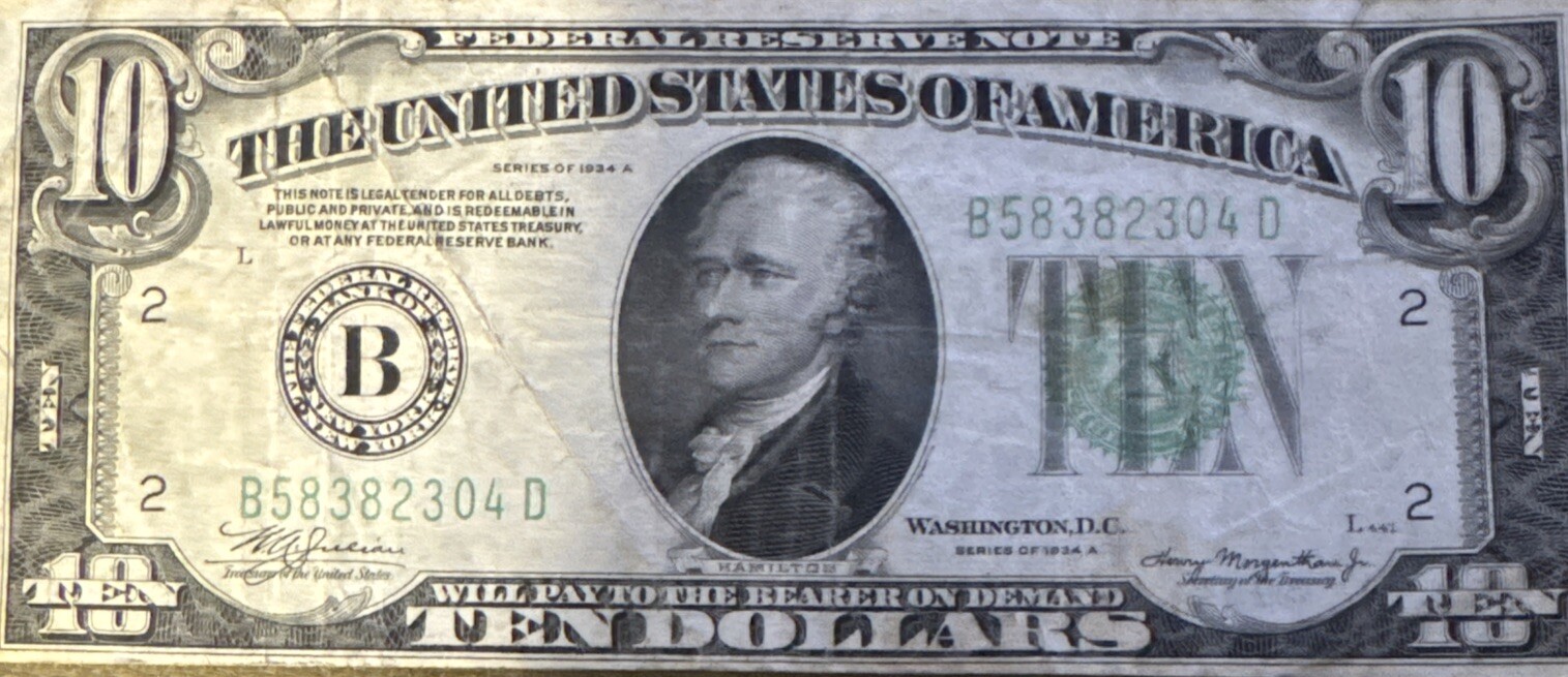 1934 A $10 CHEAP Federal Reserve TEN DOLLAR Bill. Bearer note. Good ...