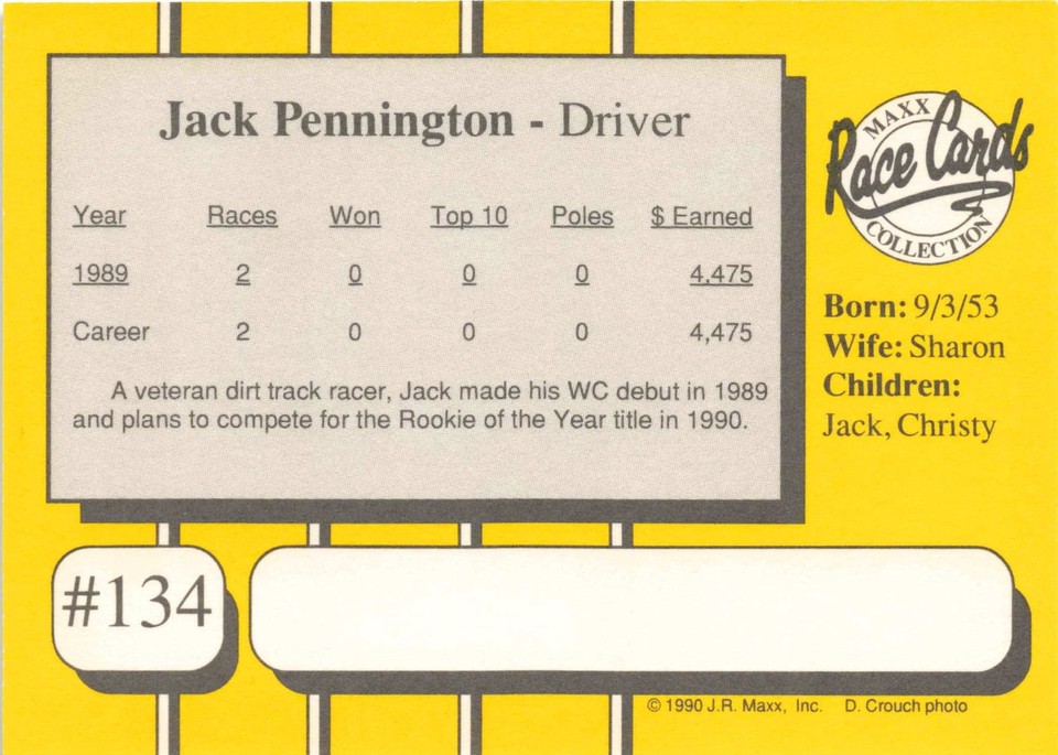 Jack Pennington #134 1990 Maxx Close Racing | eBay