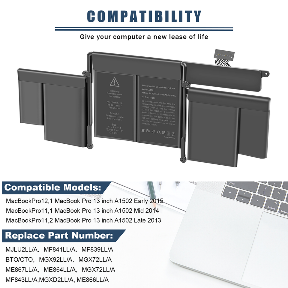 A1582 A1502 Battery for MacBook Pro 13 inch Retina Early 2015 Mid 2014 ...