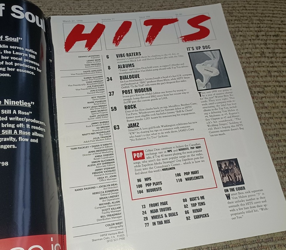 VAN HALEN 3 Hits Magazine Radio Industry MARCH 1998 Rock Pop rap GARY ...