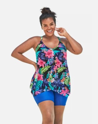 Swim 365 Longer Length Mesh Swim Tankini Top - Black Tropical 32W 34W ...