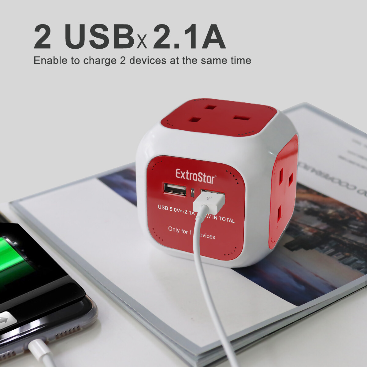 4 Way Extrastar Electric Extension Lead Power Cube Socket with 2 USB ...