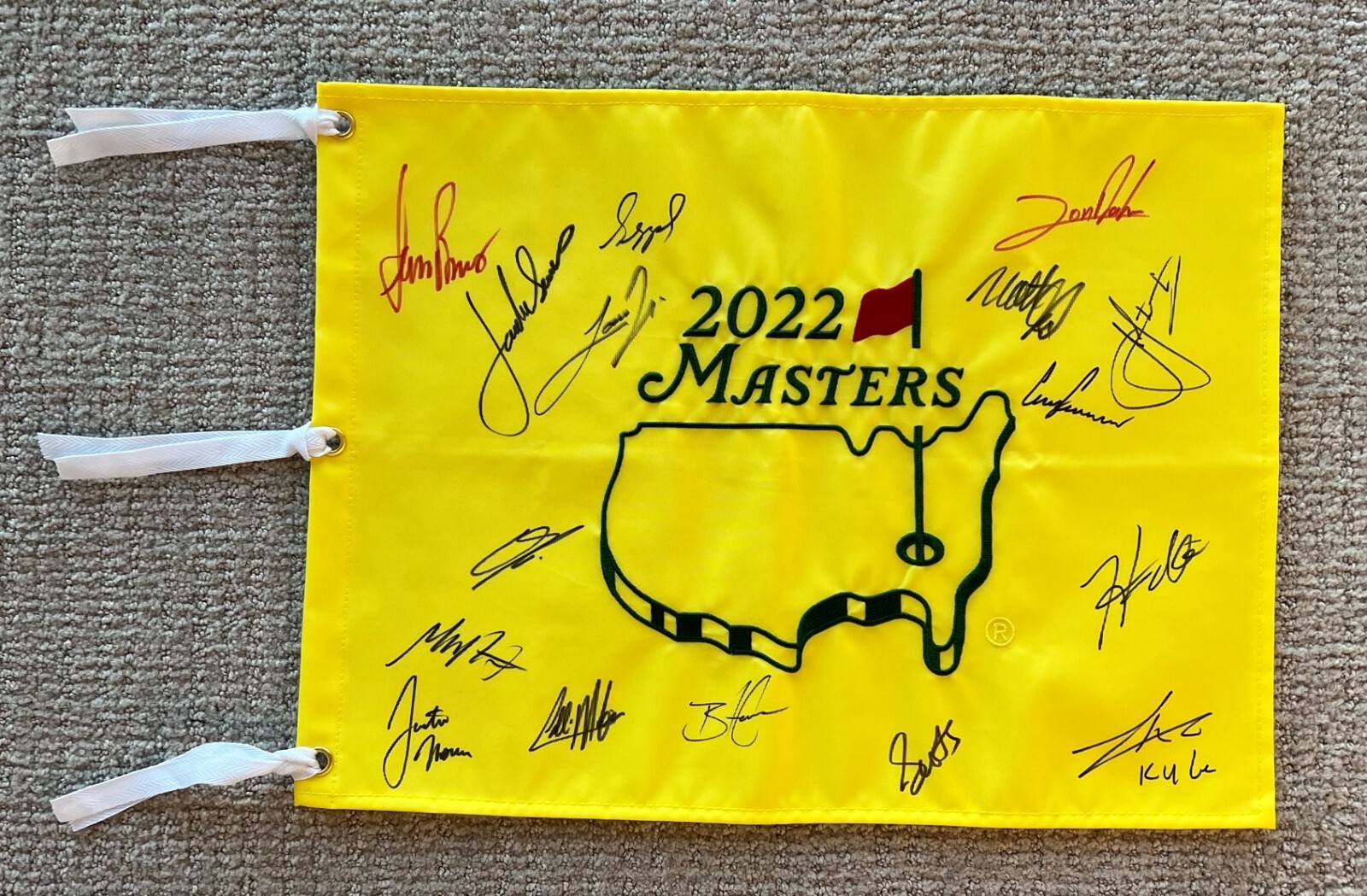 2022 MASTERS SIGNED FLAG WITH CHAMPION SCOTTIE SCHEFFLER + RAHM, SPIETH ...
