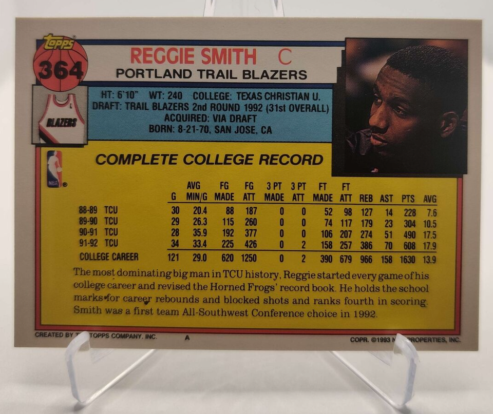 1992-93 Topps #364 Reggie Smith RC Rookie Portland Trailblazers ...