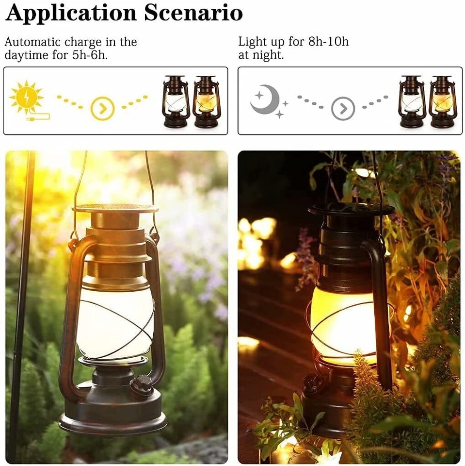 2PCS Led Vintage Solar Powered Realistic Flicker Flame Lantern w/Remote ...