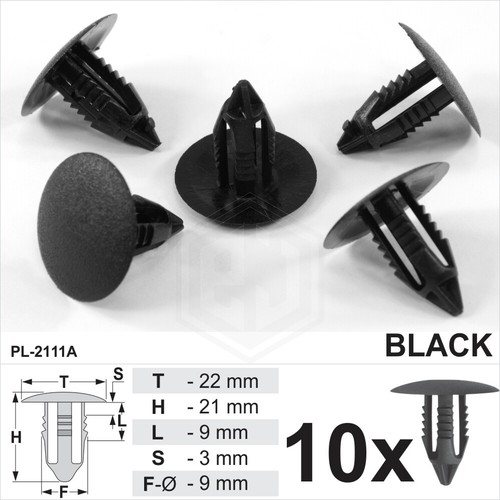 10 x Black Plastic Fir Tree Trim Clips 8mm Hole 22mm Head Car Van Push ...
