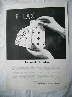 1942 VTG Orig Magazine Ad US Playing Cards Relax To Work Harder War is ...