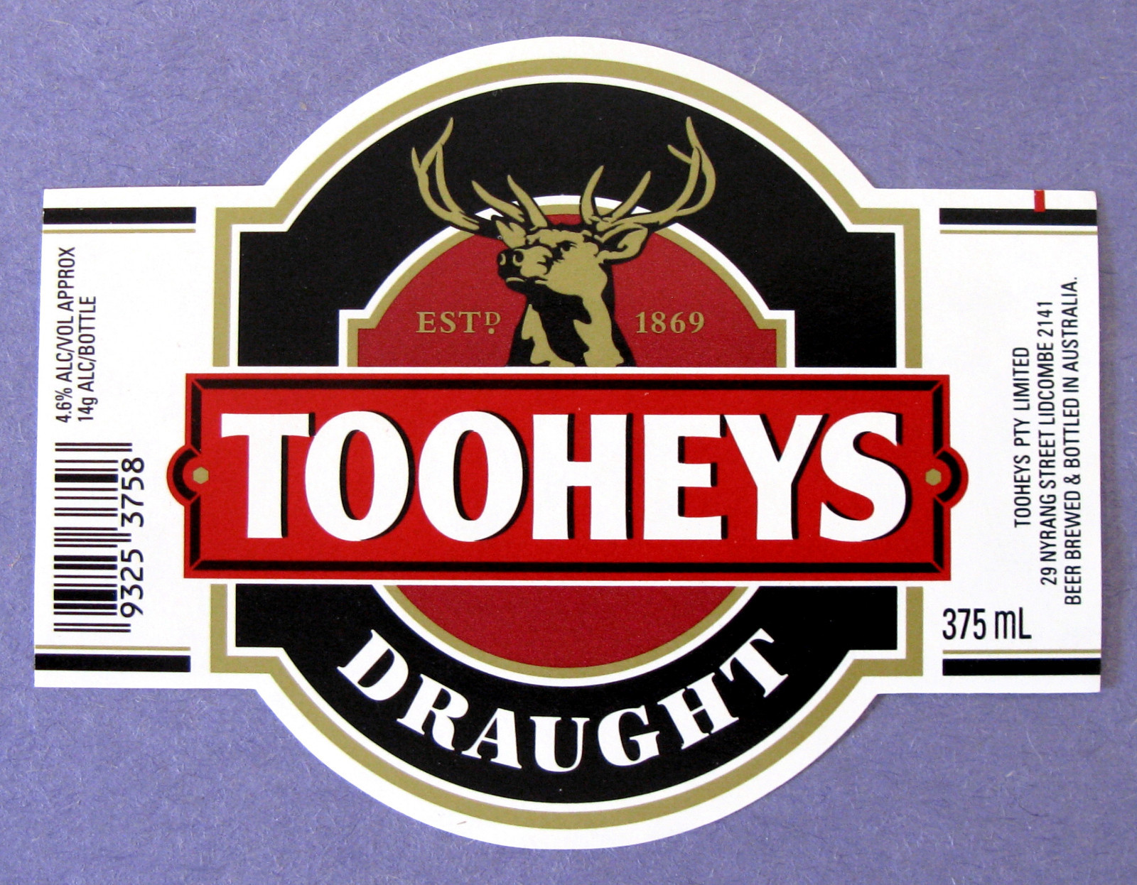 Tooheys Pty Limited TOOHEYS DRAUGHT beer label AUSTRALIA 375ml | eBay