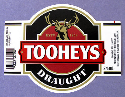 Tooheys Pty Limited TOOHEYS DRAUGHT beer label AUSTRALIA 375ml | eBay