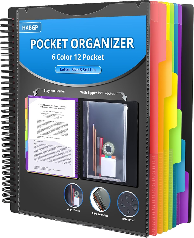 HABGP 12 Pocket Plastic Folders with Pockets, 6 Colors Multi Pocket ...
