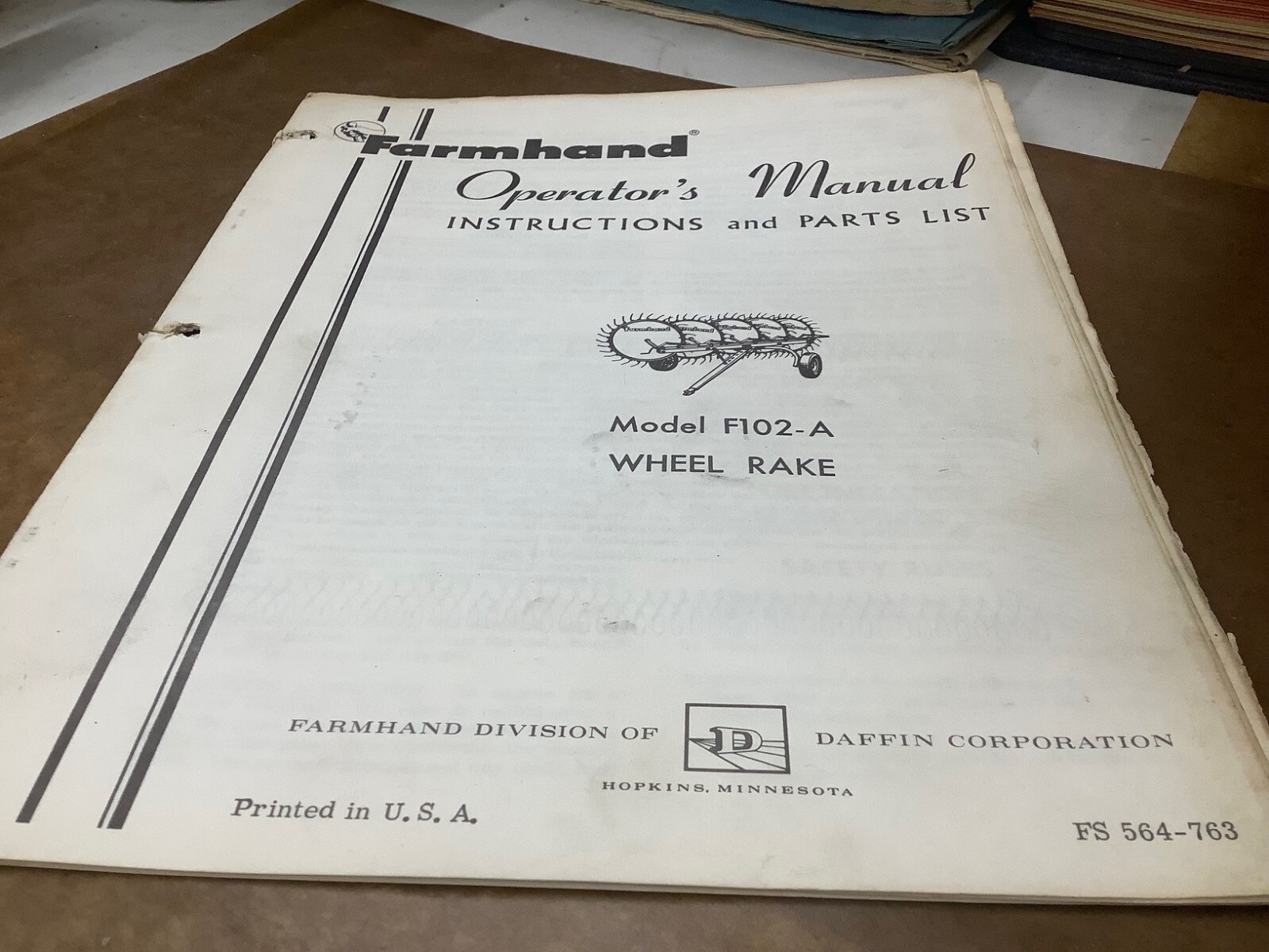 FARMHAND WHEEL RAKE MODEL F102-A OPERATORS & PARTS MANUAL;USED IN GOOD ...