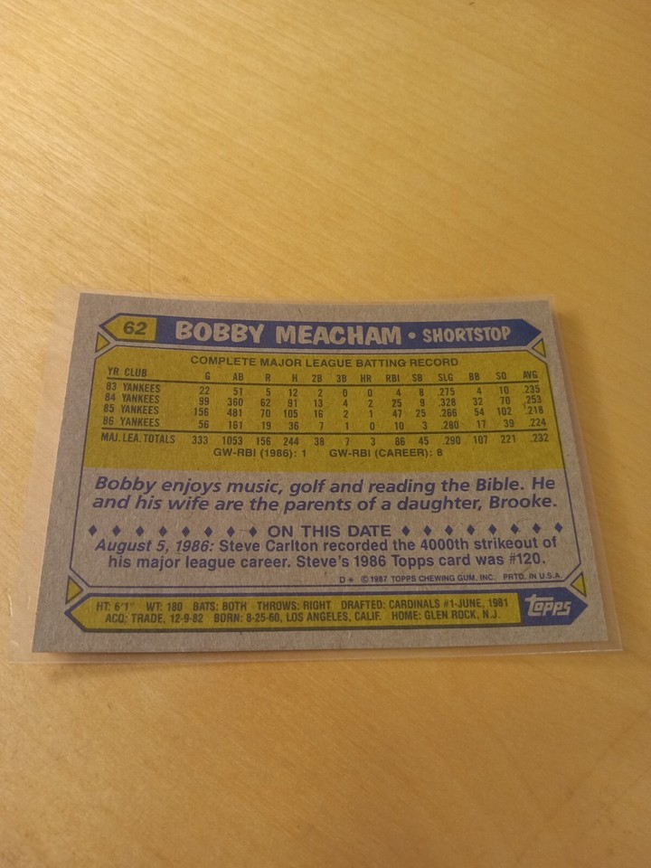 1987 Topps #62 BOBBY MEACHAM New York Yankees Baseball Card, Shortstop ...