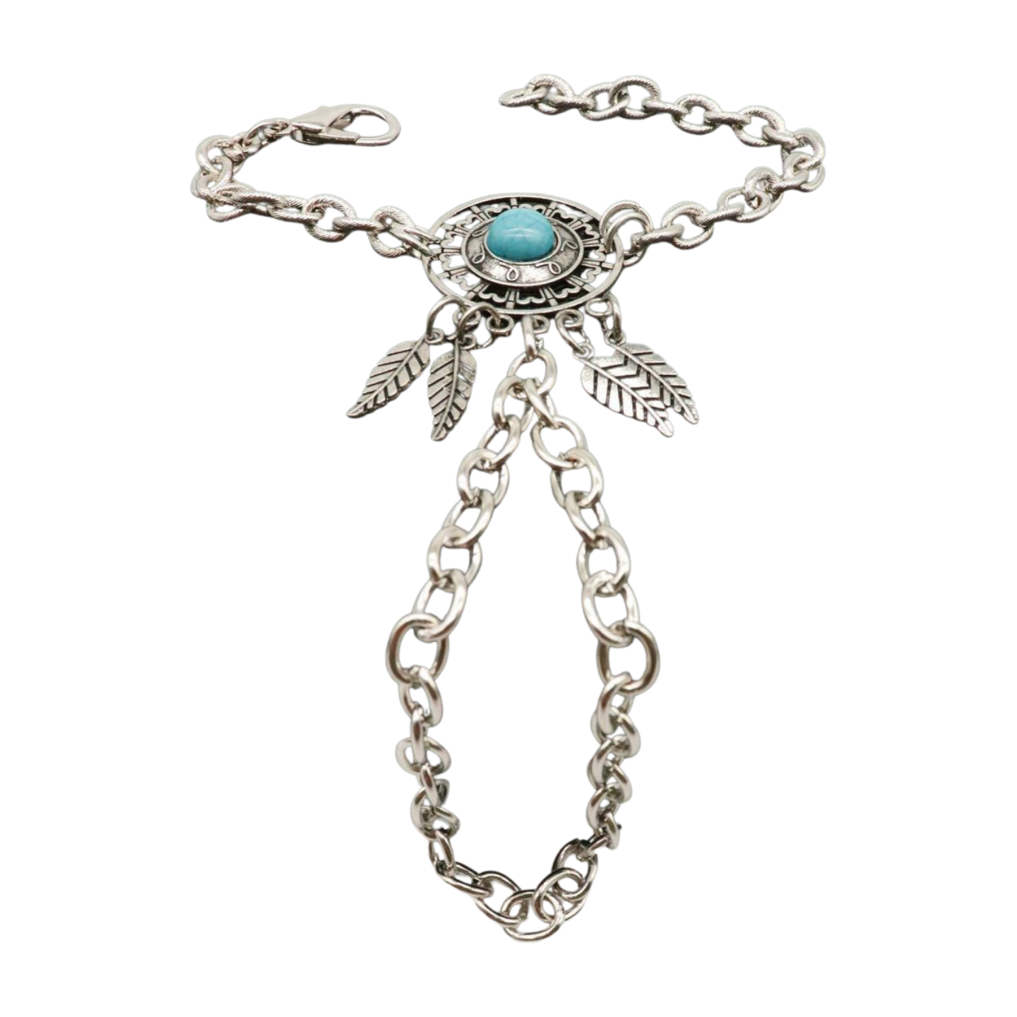 Women Silver Metal Hand Chain Bracelet Connected Ring Turquoise ...