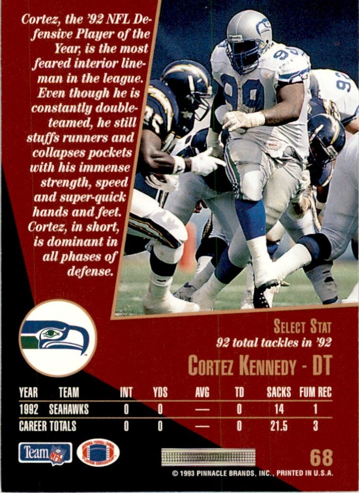 1993 SCORE SELECT CORTEZ KENNEDY SEATTLE SEAHAWKS #68 | eBay