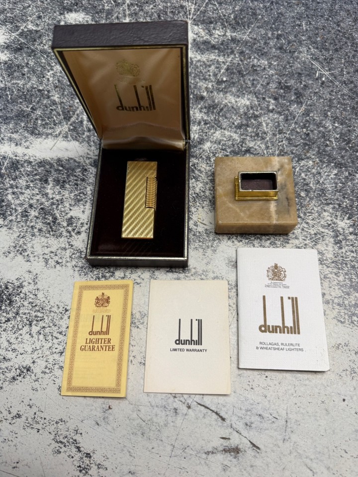 Dunhill butane powered gold finished lighter original case marble base ...