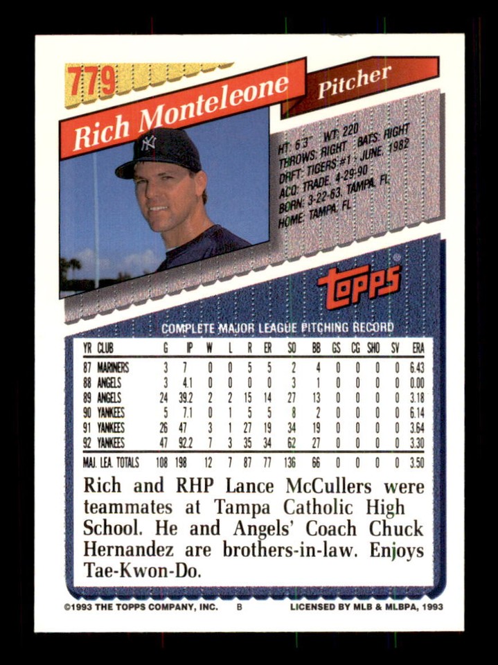 1993 Baseball Topps Rich Monteleone New York Yankees #779 | eBay