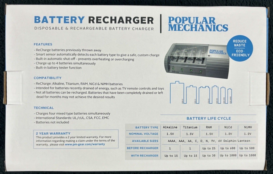 Popular Mechanics AA, AAA, C, D, N, & 9v Alkaline Battery Charger ...