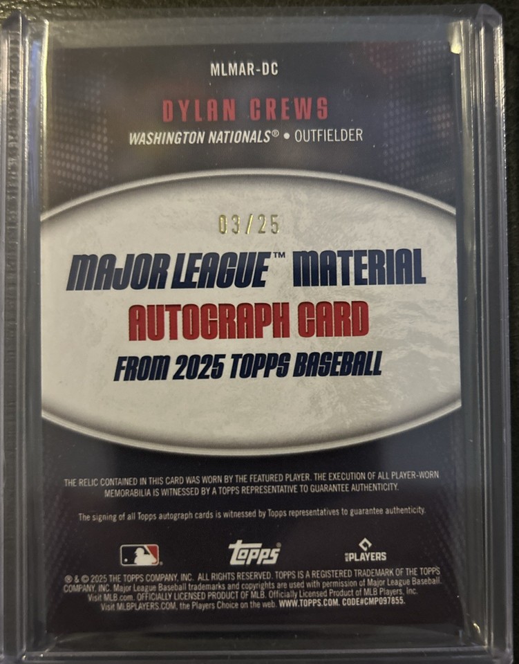 🔥 2025 Topps Baseball MLB Dylan Crews RC Auto/Tri-Color Patch! Series 1 ...