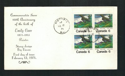 Canada #532, 1971 6¢ Big Raven Emily Carr block, unknown cachet FDC, VF ...
