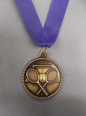 tennis medal gold crossed rackets blue neck ribbon 2" diameter | eBay