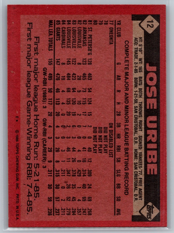 1986 Topps Jose Uribe Rookie #12 San Francisco Giants | eBay