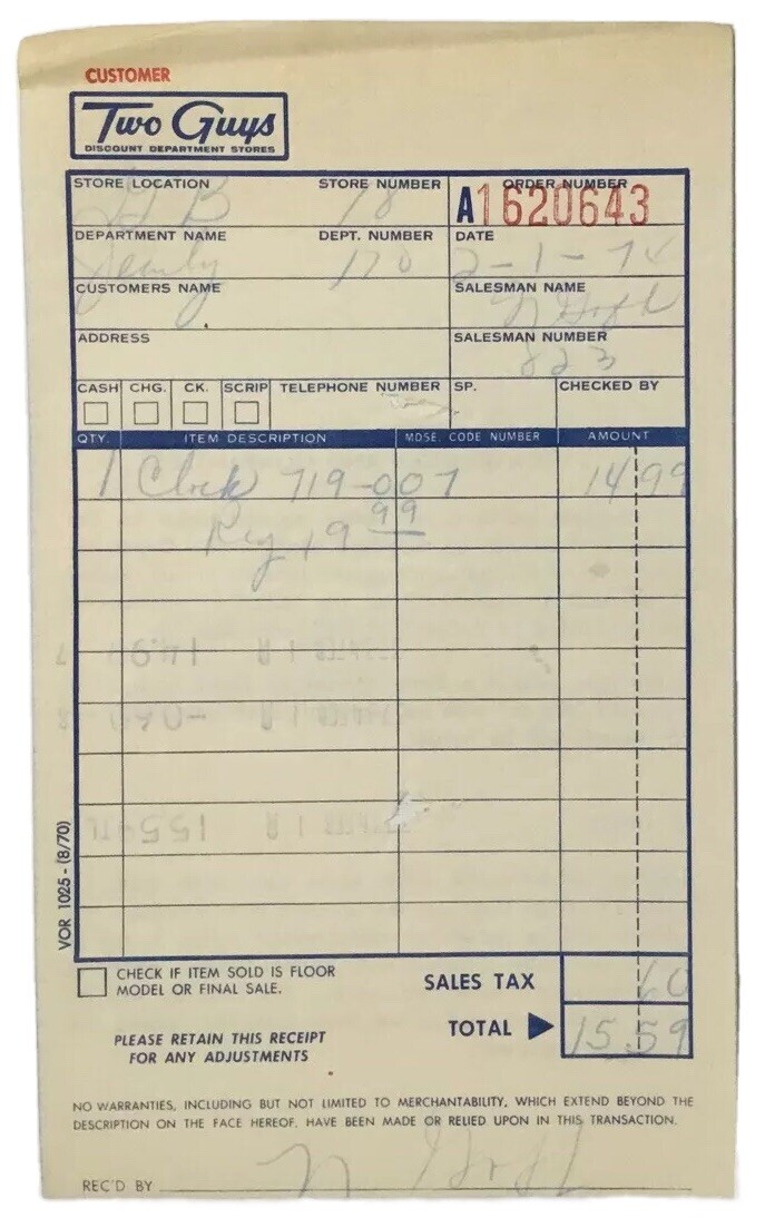 Vintage Two Guys Discount Department Stores Receipt For Clock Sale 1974 ...