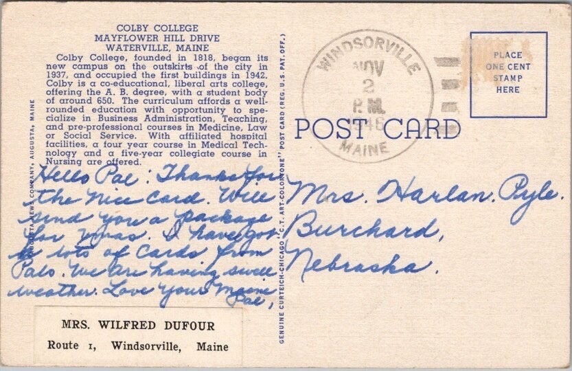 WATERVILLE Maine Linen Postcard COLBY COLLEGE /Roberts & Women's Union ...