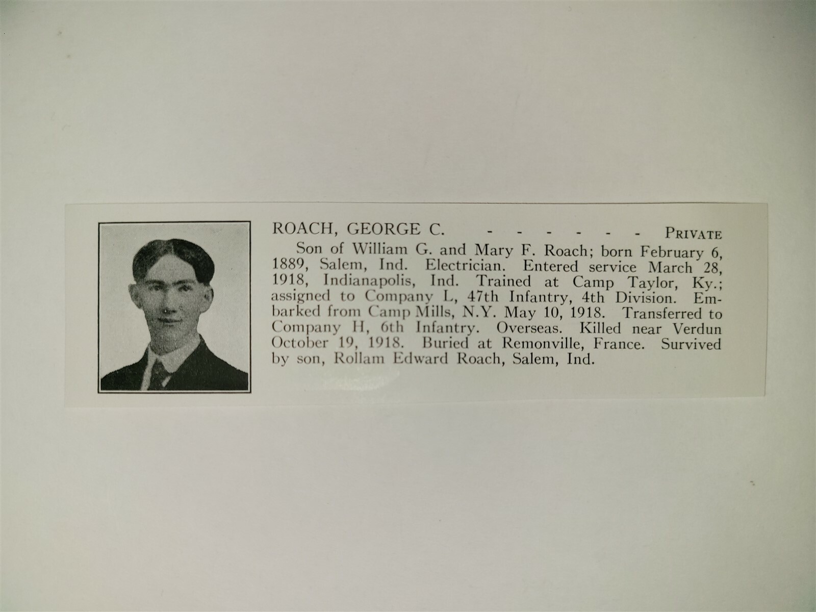 George Roach Salem Indiana Company L 47th Infantry 4th Division 1921 ...