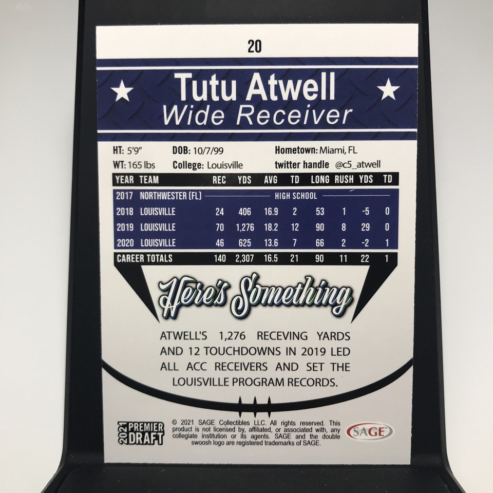 2021 Sage Premier Draft Tutu Atwell #20 Rookie RC Purple Parallel | eBay
